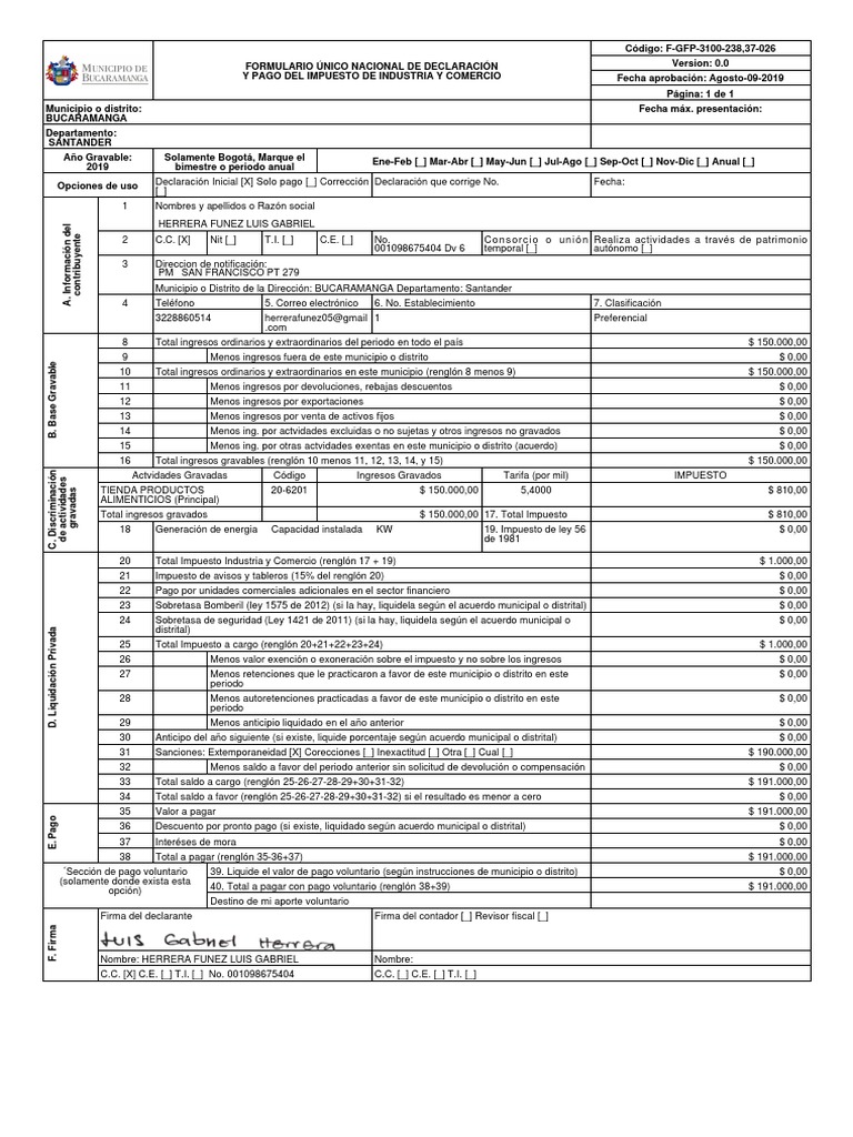 Declaración Impuesto Industria Bucaramanga | PDF | Impuestos | Economias