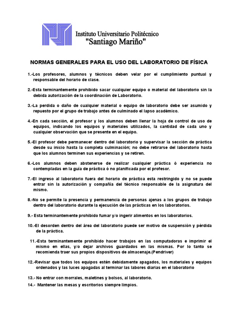 NORMAS GENERALES PARA EL USO DEL LABORATORIO DE FÍSICA