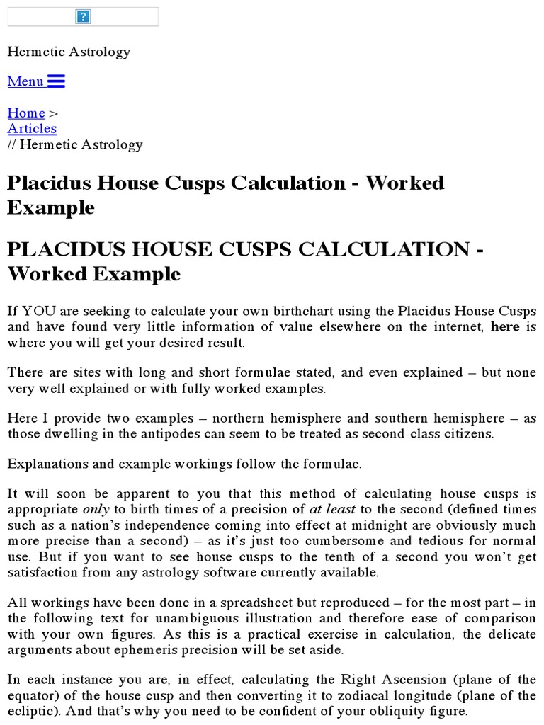 Placidus House Cusps Calculation - Worked Example Placidus House Cusps ...