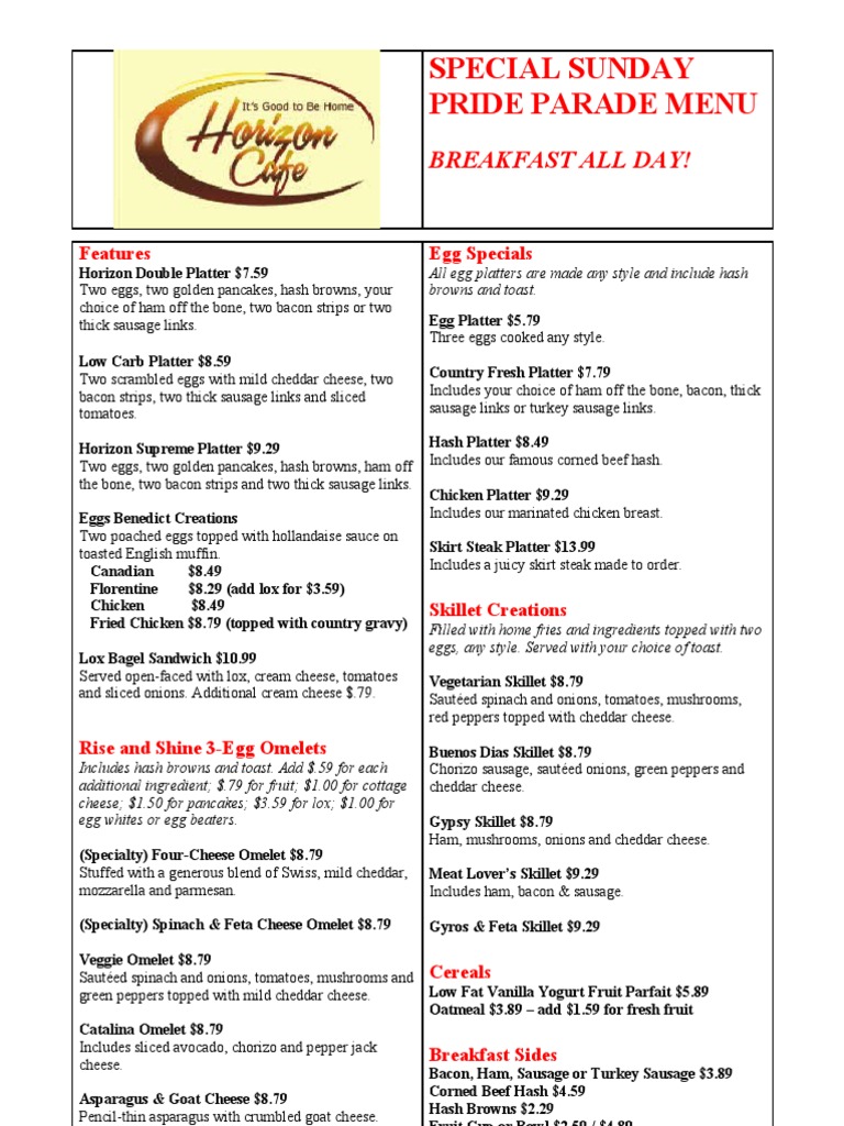 Horizon Cafe Pride Parade Menu | PDF | Hamburgers | Sausage