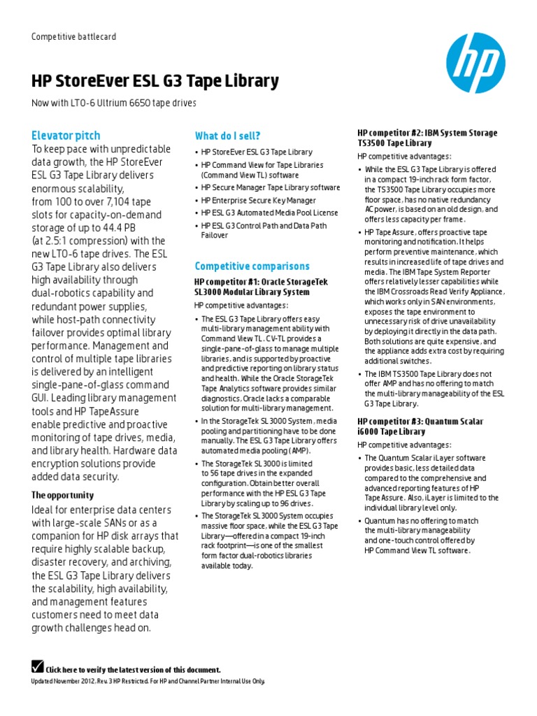 HP StoreEver ESL G3 Tape Library Competitive BattleCard | PDF | Hewlett ...