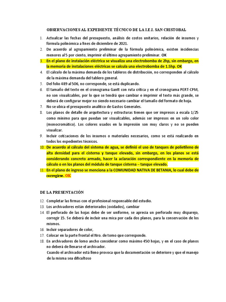 Observaciones Al Expediente Técnico de La I | PDF | Presupuesto
