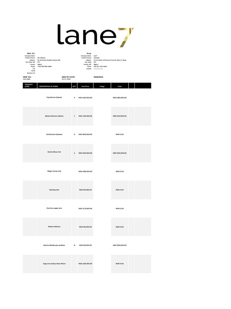 Kitchen Cabinet Invoice Template | PDF