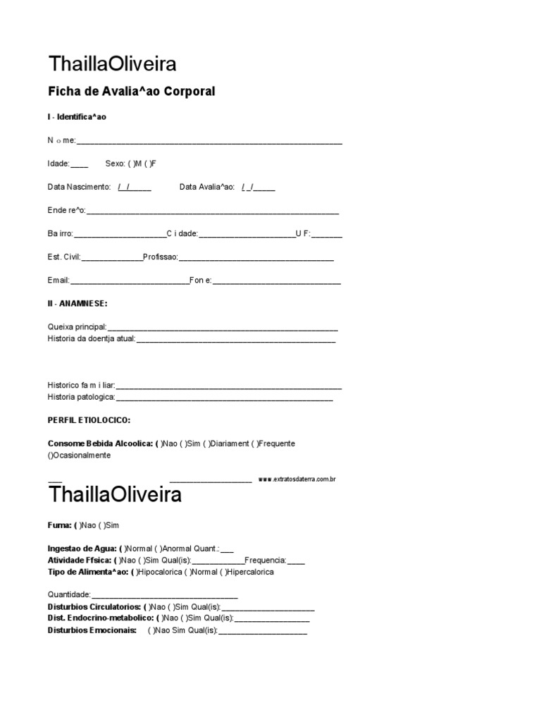 Ficha de avaliação corporal e perimetria para acompanhamento de cliente ...