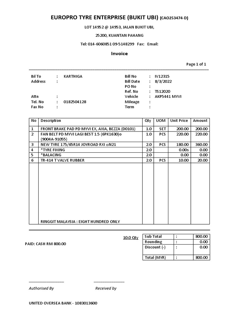 INVOICE KERETA | PDF