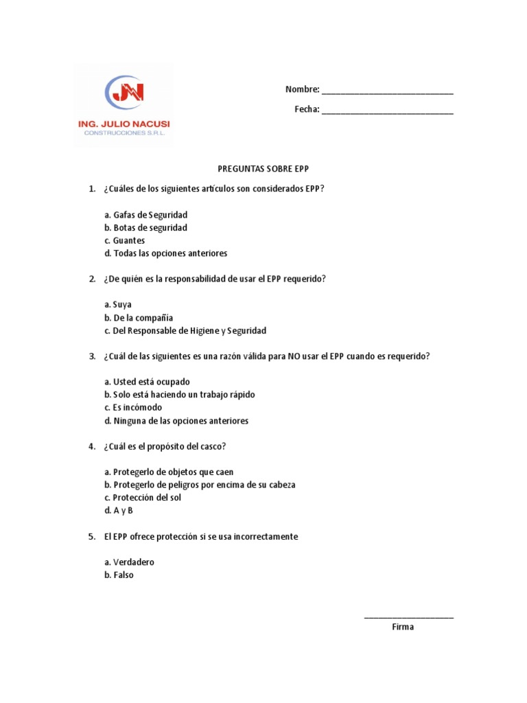 Evaluacion Sobre Epp | PDF