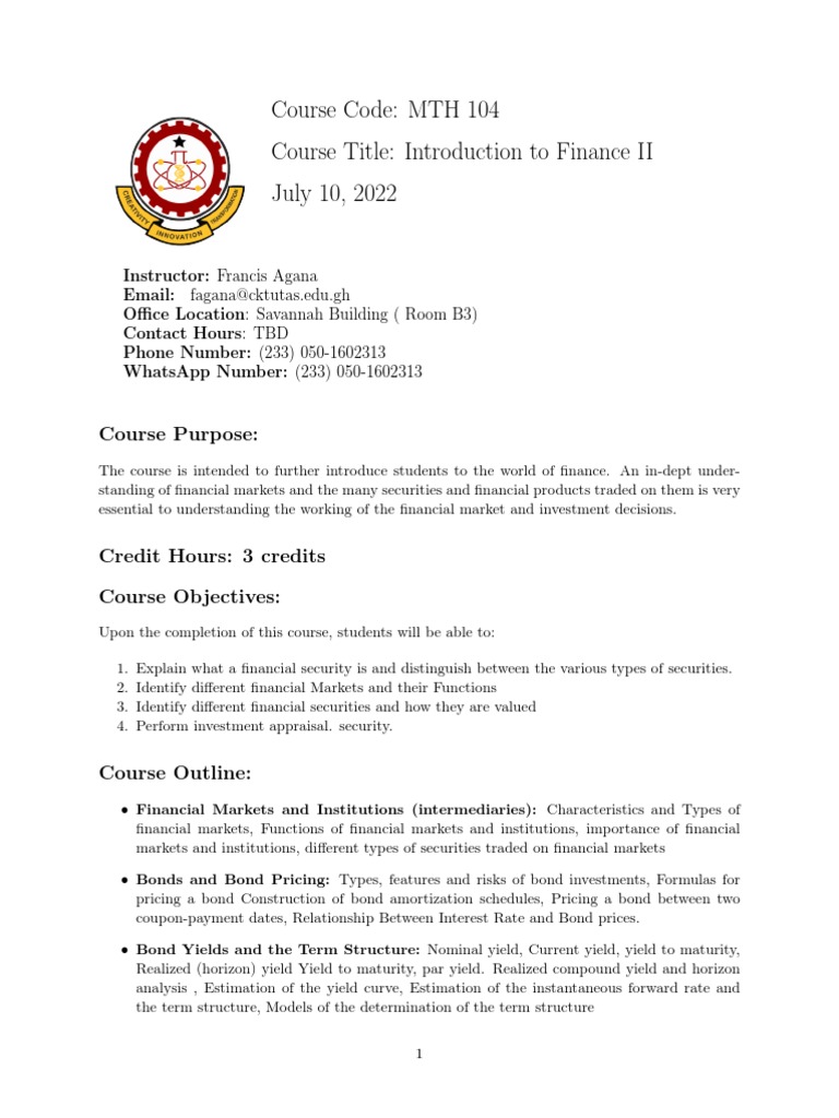 MTH 103 PublicFinanceSyllabus | PDF | Yield (Finance) | Bonds (Finance)