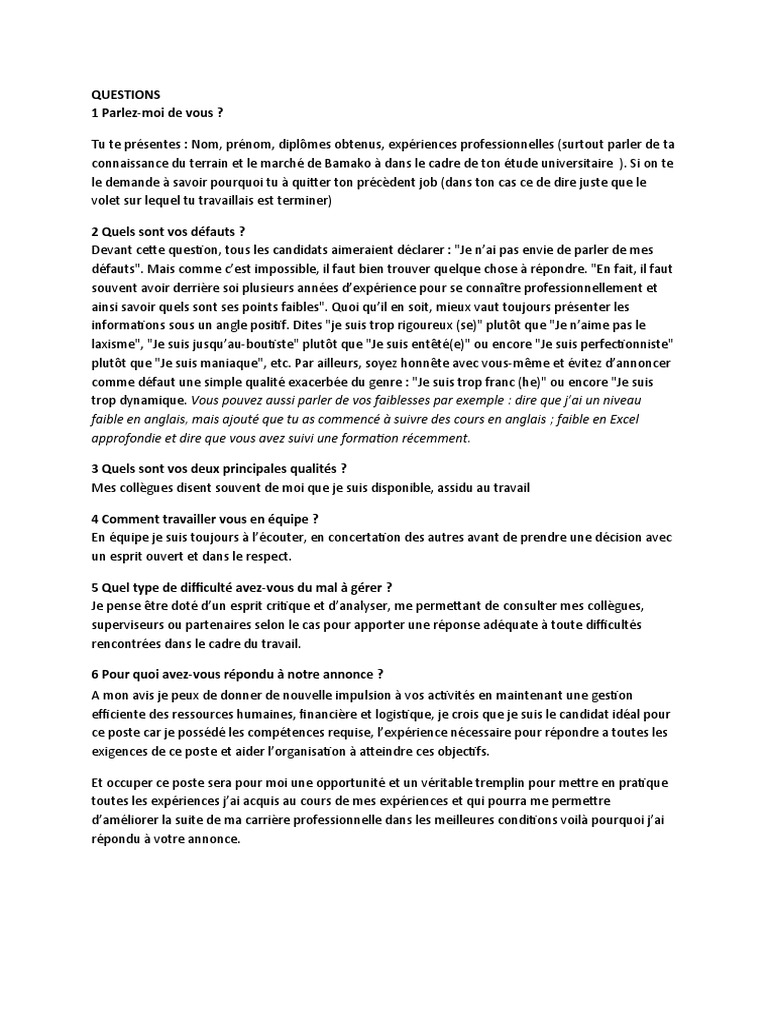 Questionnaire Entretien D'embauche | PDF | Gestion des ressources ...