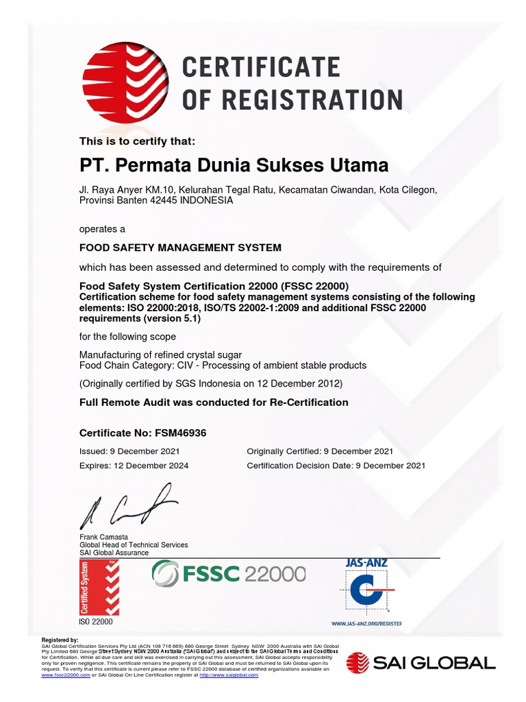 PDSU FSSC Certificate (Up To 2024) | PDF