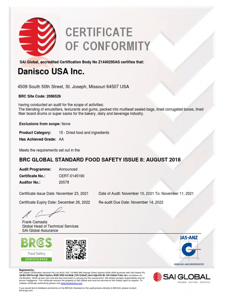 Pectin BRC CERT 2021-Danisco St. Joseph MO USA - Expires 26 Dec 2022 ...