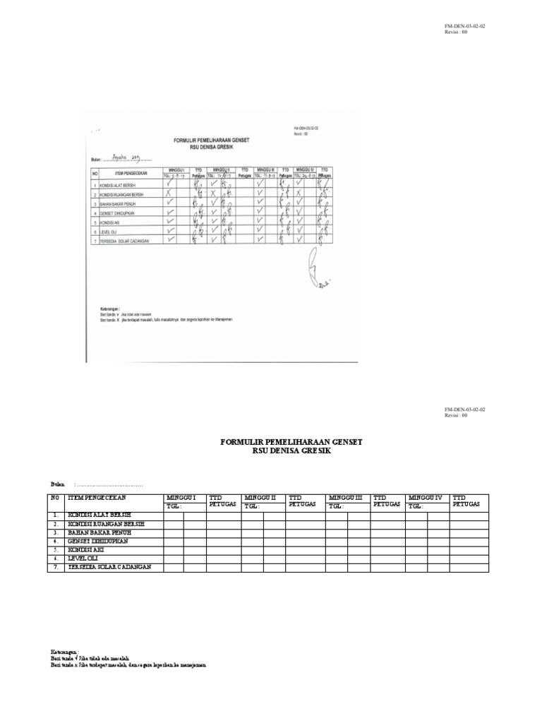 Form Pemeliharaan Genset | PDF