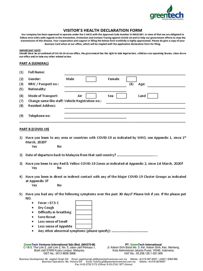 (A) Visitor's Health Declaration Form Dd. 10.05.2020 - GTVI | PDF ...