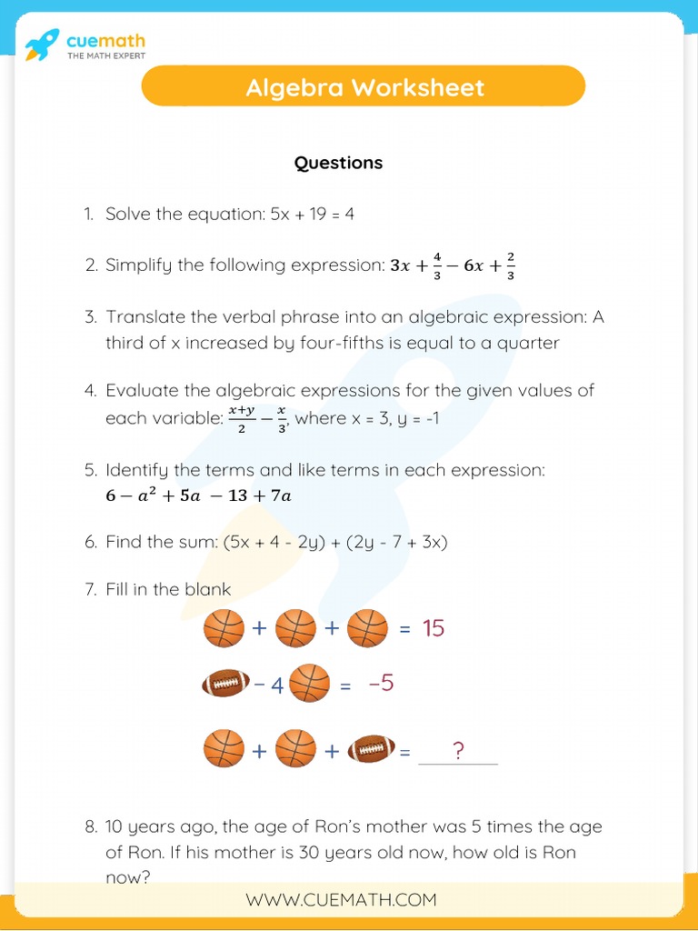 Algebra Worksheet: Questions | PDF | Algebra | Mathematical Objects
