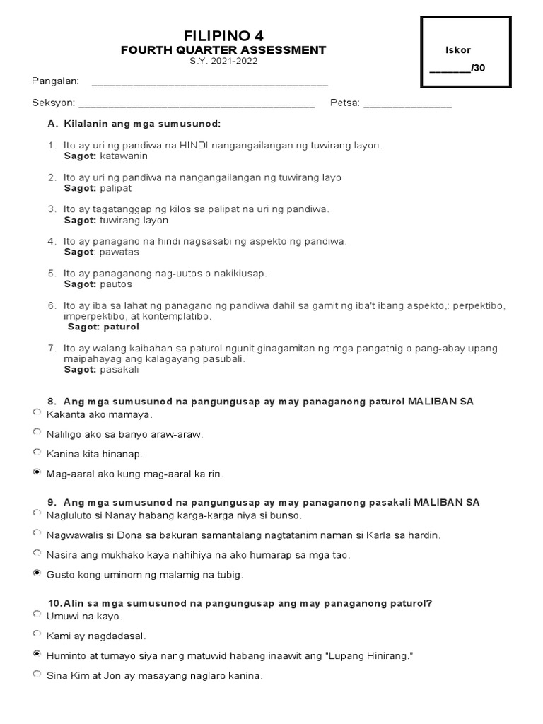4th Quarter Assessment in Filipino 4 | PDF