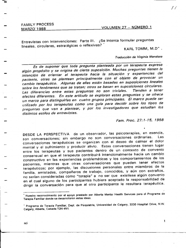 Karl, Tomm. 1988. Entrevistas Con Intervenciones III | PDF