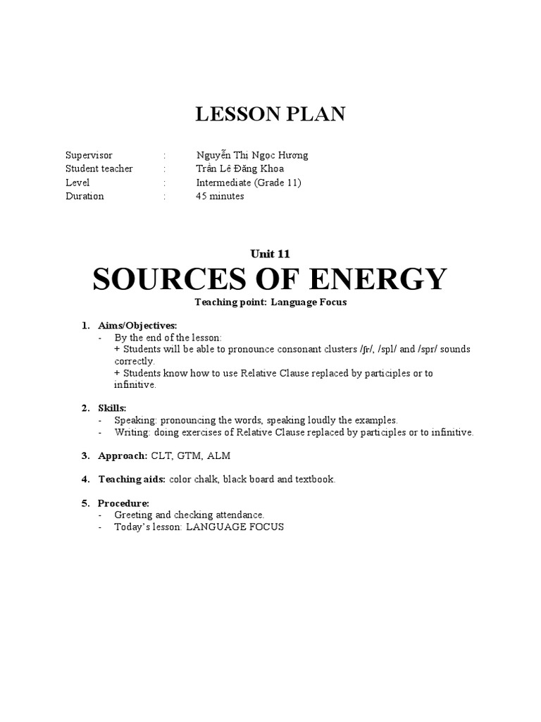 Grade 11 Energy Sources Lesson Plan | PDF | English Language | Sentence ...