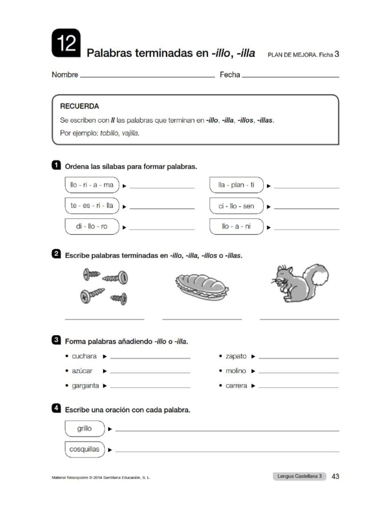Palabras Con Terminadas en - Illo, - Illa - 3° | PDF