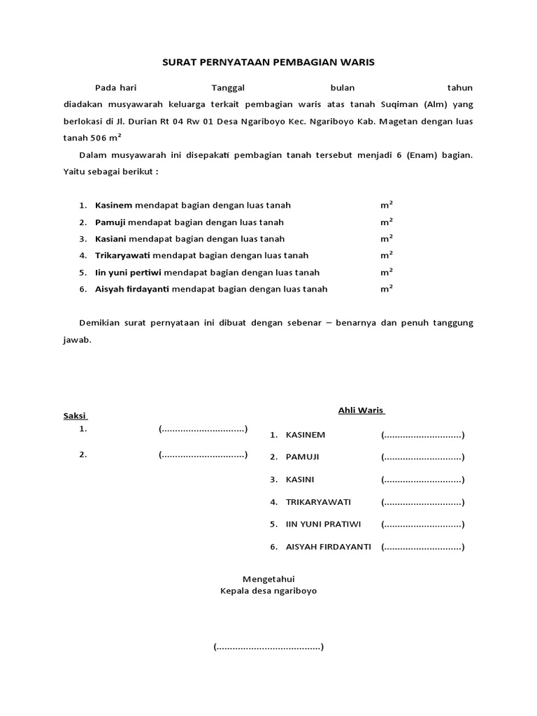 Surat Pernyataan Pembagian Waris Tanah | PDF