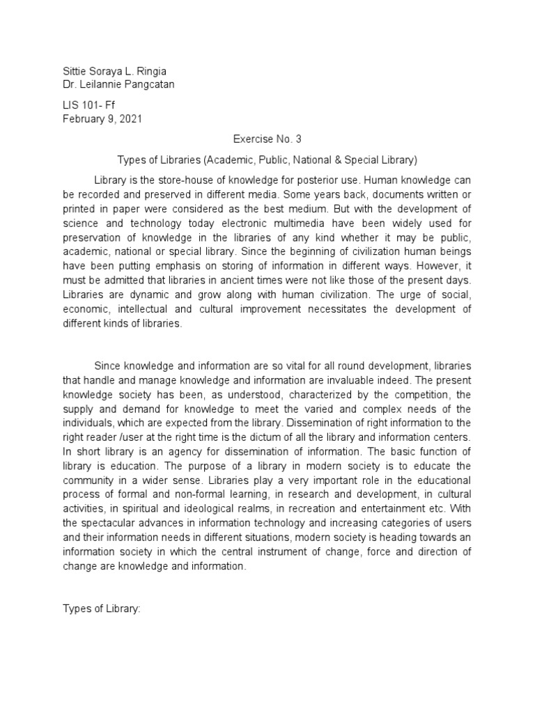 Types of Libraries | PDF | Libraries | Public Library