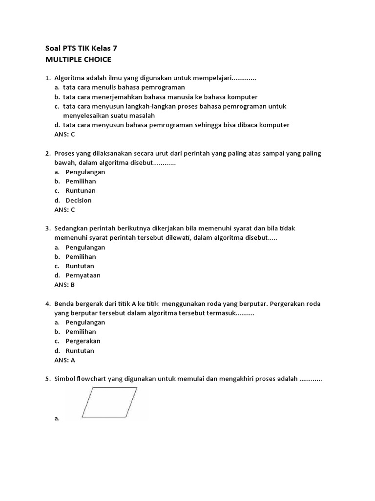 Soal PTS TIK Kelas 7: Algoritma dan Flowchart | PDF