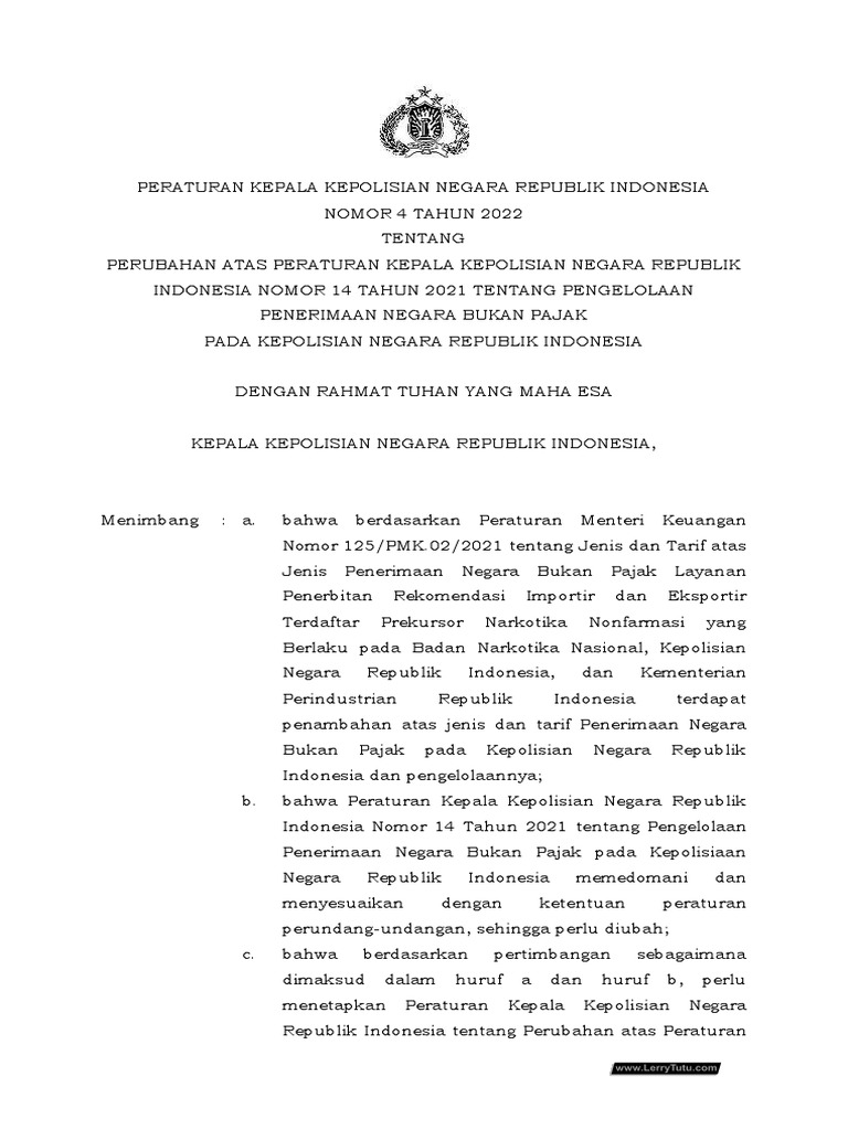 Perkap Nomor 4 Tahun 2022 Tentang Perubahan Atas Perkap Nomor 14 Tahun ...