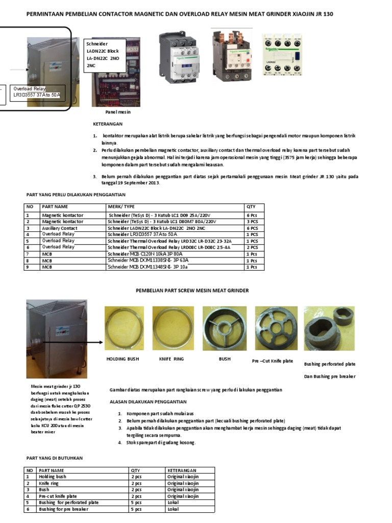 Permintaan Pembelian Contactor Magnetic Dan Overload Relay Mesin Meat Grinder Xiaojin JR 130 | PDF
