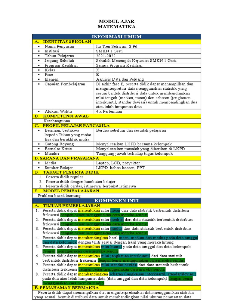 Modul Ajar Matematika Statistika - Itatien Setiarini | PDF