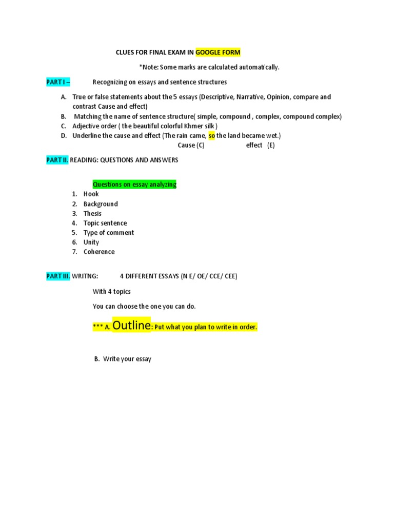 Final Exam Clues for Essay Writing | PDF