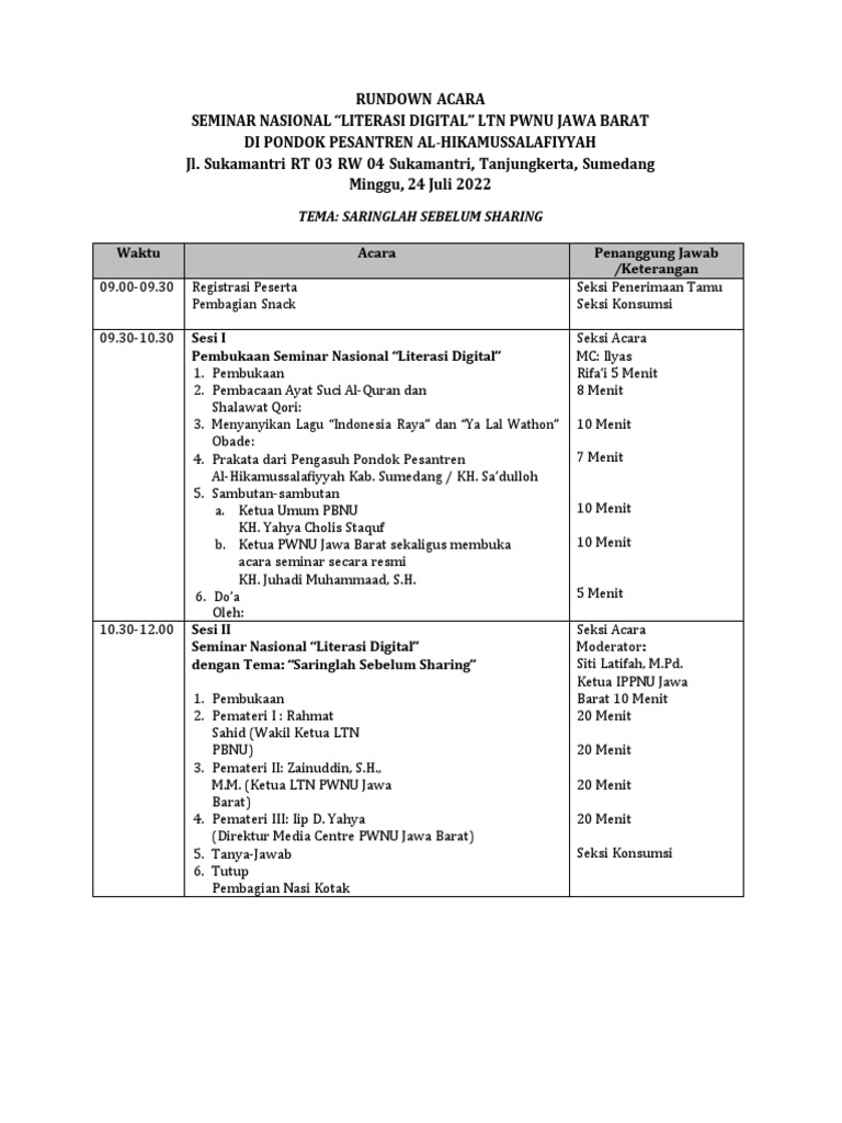 01 RUNDOWN ACARA SEMINAR LITERASI DIGITAL LTN PWNU JABAR 2022 Edit 2 | PDF 01 RUNDOWN ACARA SEMINAR LITERASI DIGITAL LTN PWNU JABAR 2022 Edit 2 | PDF