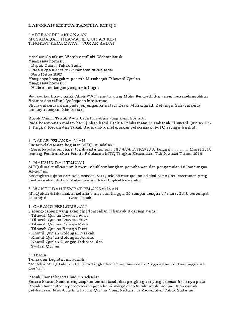 Laporan Ketua Panitia MTQ I | PDF | Perjalanan | Sains & Matematika