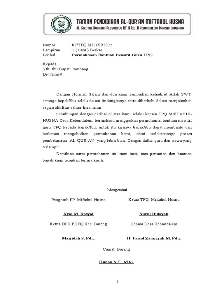 Permohonan Insentif Guru TPQ | PDF