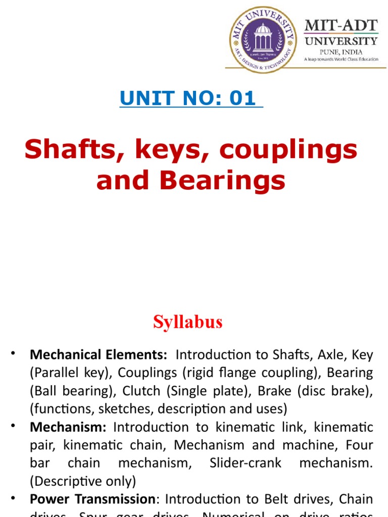 UNIT - 1.1 Shafts, Keys, Coupling and Bearing | PDF | Bearing ...