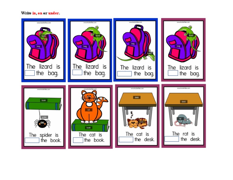 Grade 1 Write In, On, Under Worksheets | PDF