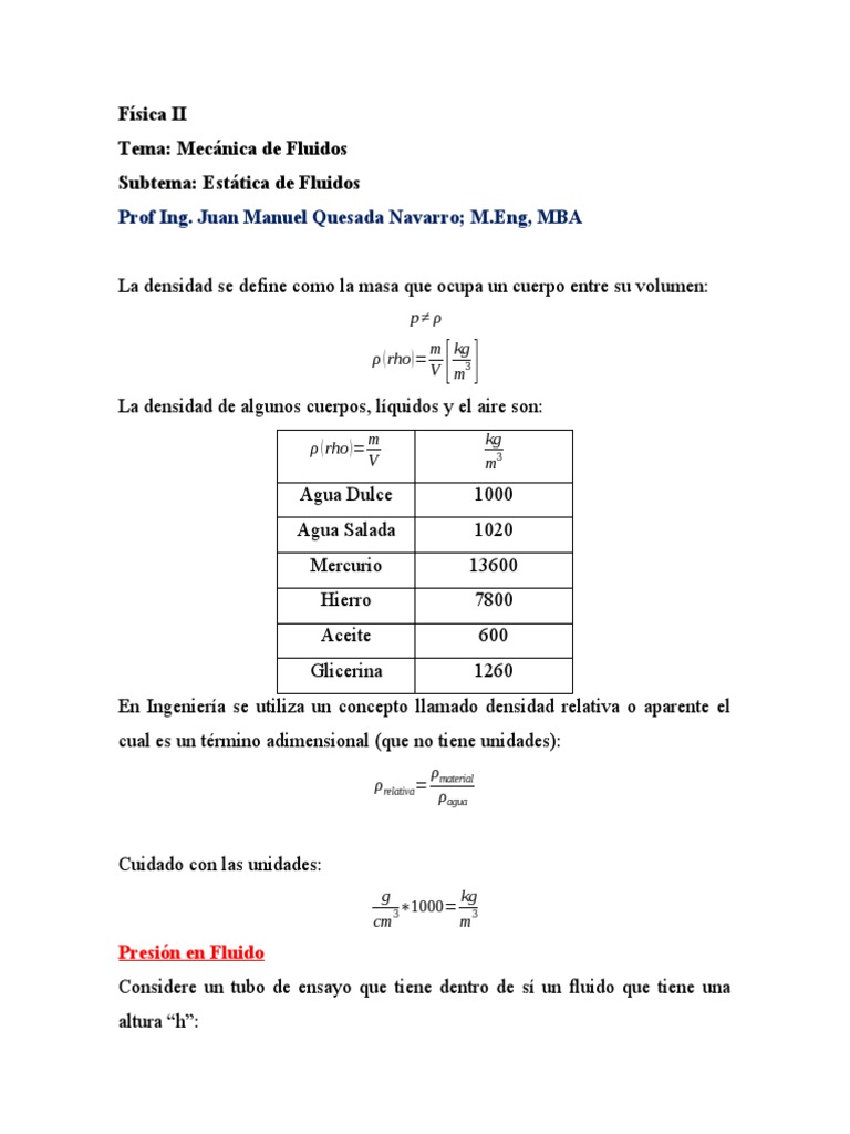 Mecánica de Fluidos Estática: Conceptos Básicos de Densidad, Presión y sus Aplicaciones | PDF ...