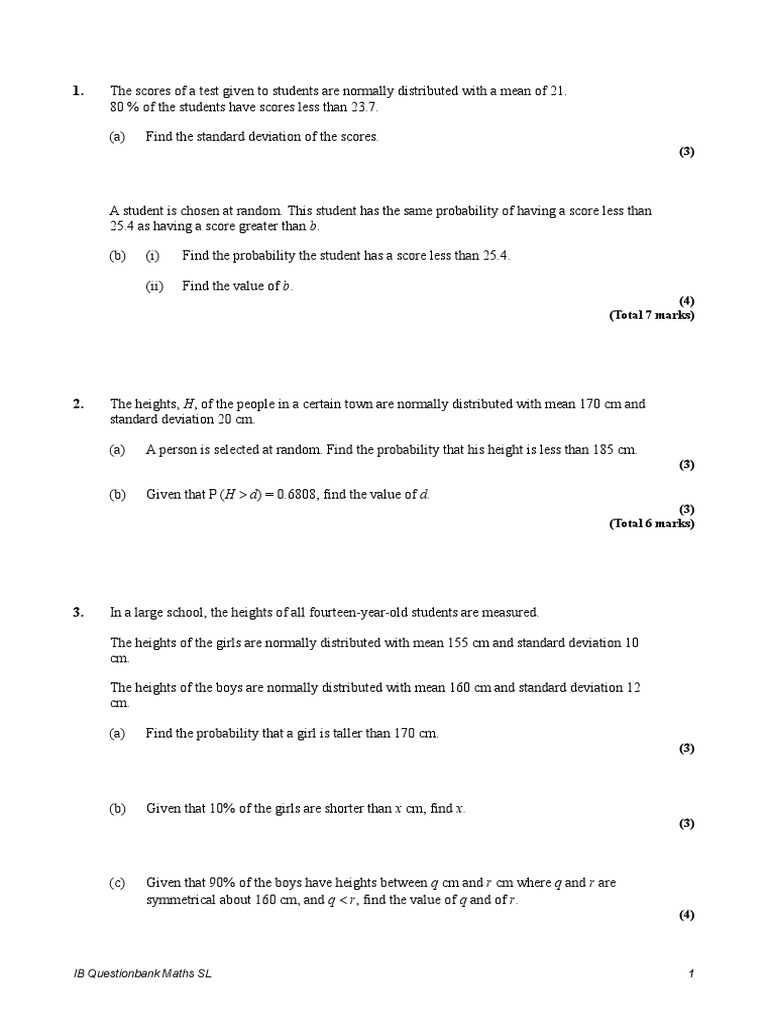 IB Questionbank Maths SL 1 | PDF | Standard Deviation | Normal Distribution