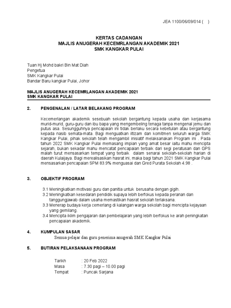 Kertas Cadangan Anugerah Kecemerlangan Akademik 2021 | PDF Kertas Cadangan Anugerah Kecemerlangan Akademik 2021 | PDF