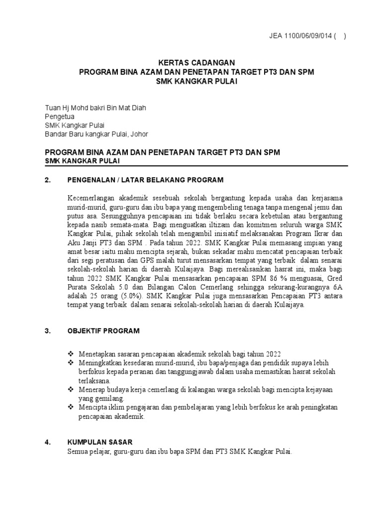 Kertas Cadangan Ikrar Janji Dan Penetapan Target SPM PT3 2022 | PDF