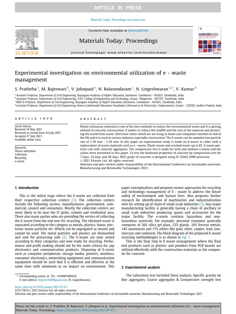 Experimental Investigation On Environmental Utilization of e Waste ...
