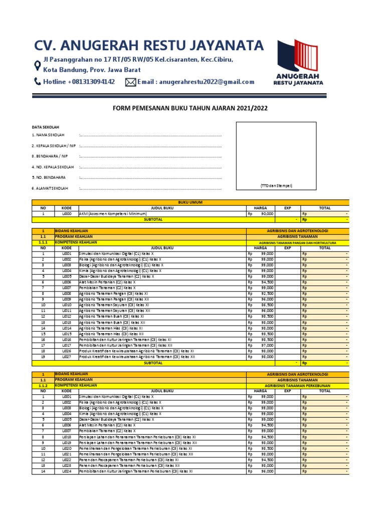 Form Pemesanan 2022-2023 LINISWARA CV - ARESTA (SIPLAH & PREVIEW) | PDF