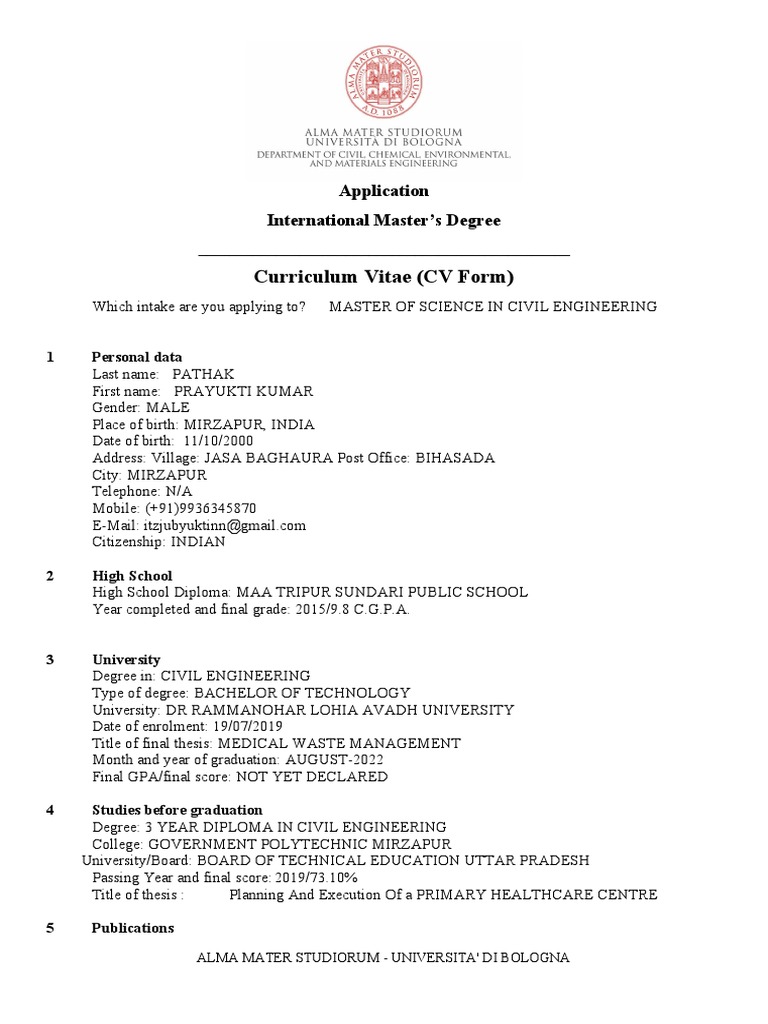 Curriculum Vitae (CV Form) : Application International Master's Degree | PDF | Academic Degree ...