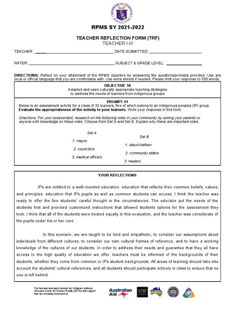 RPMS SY 2021-2022: Teacher Reflection Form (TRF) | PDF | Educational ...