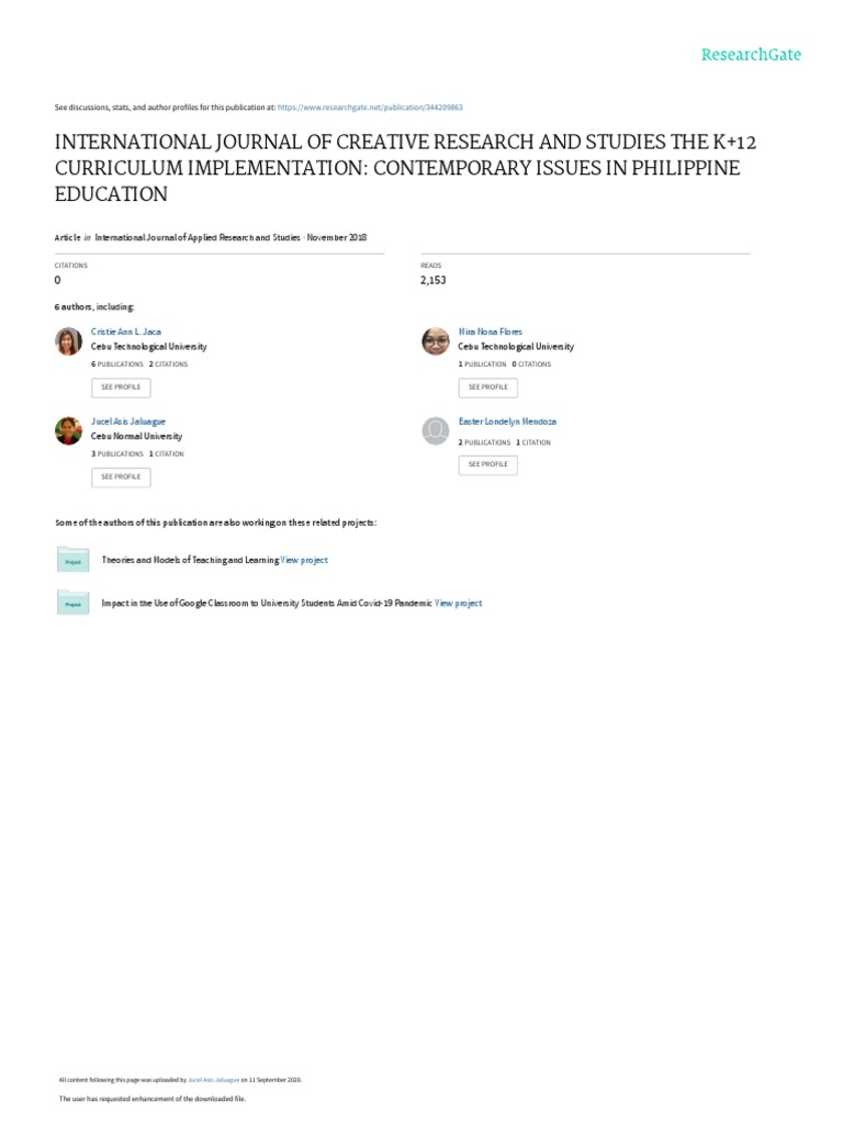 The K+12 Curriculum Implementation: Contemporary Issues in Philippine ...