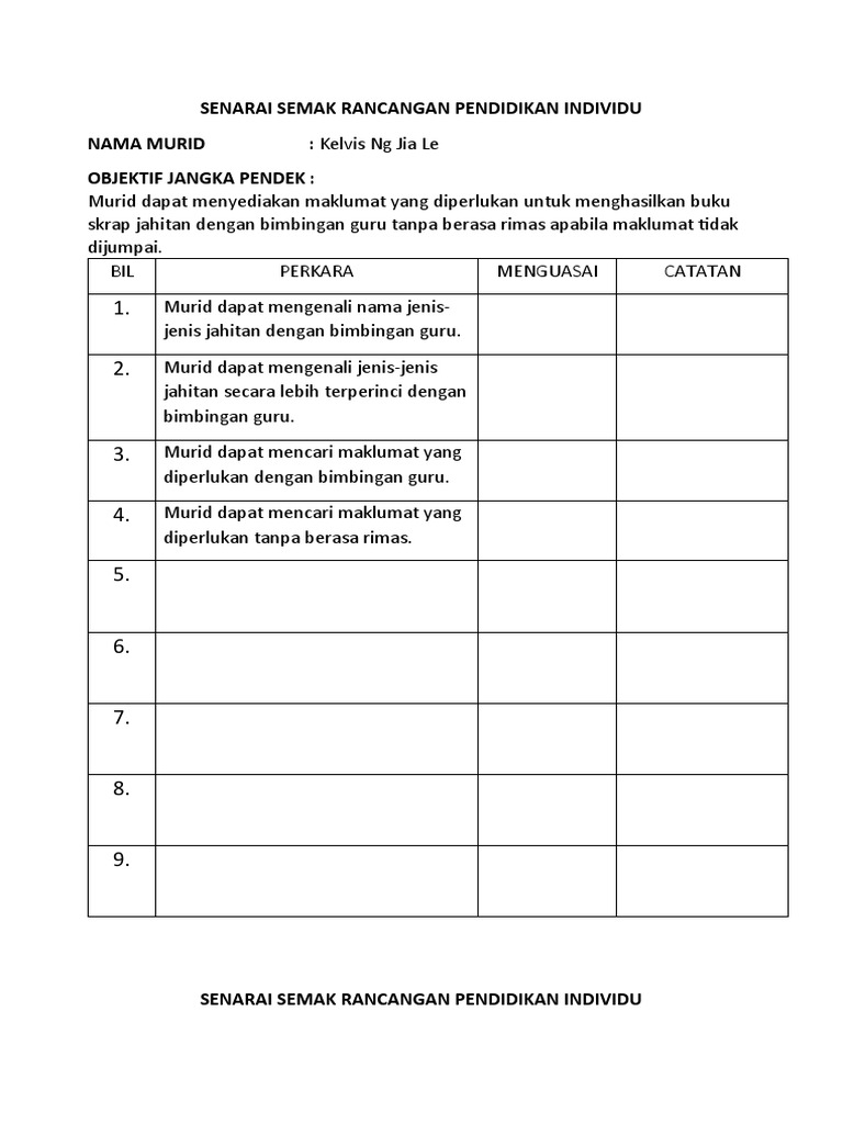 Senarai Semak Rancangan Pendidikan Individu | PDF