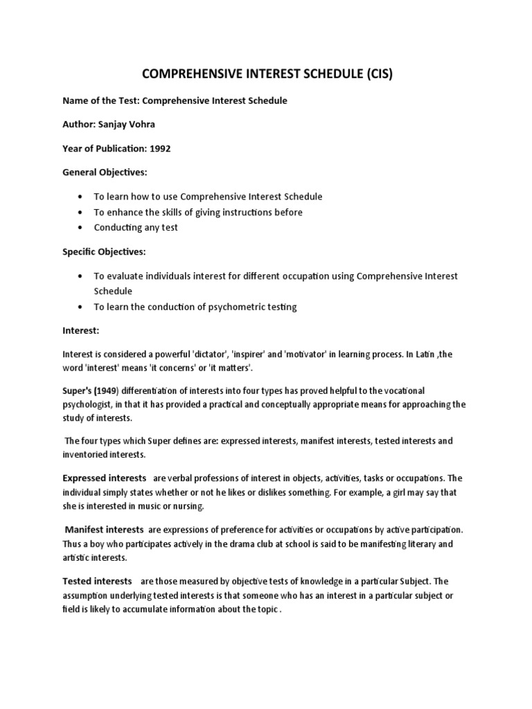 Comprehensive Interest Schedule (Cis) | PDF | Psychology | Psychometrics