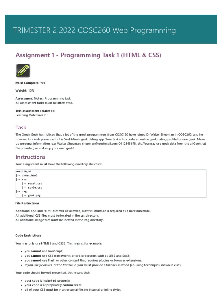 2022 TRIMESTER 2 COSC260 - Assignment 1 - Programming Task 1 (HTML & CSS) | PDF | Html Element ...
