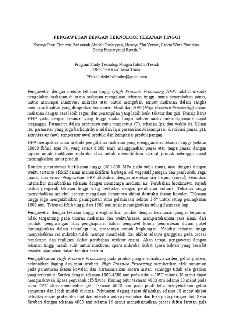 Kelompok 2 - Tugas Artikel - Pengawetan Dengan Tekanan Tinggi (High Pressure Processing) | PDF