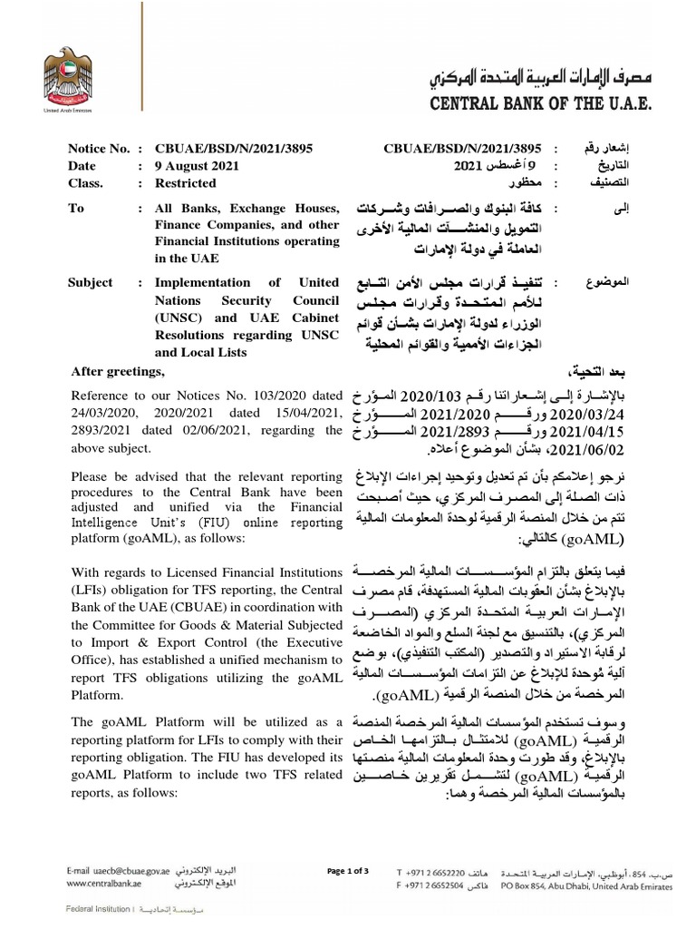 Notice No. 3895.2021 Re Implementation of UN Security Council UNSC and UAE Cabinet Resolutions ...