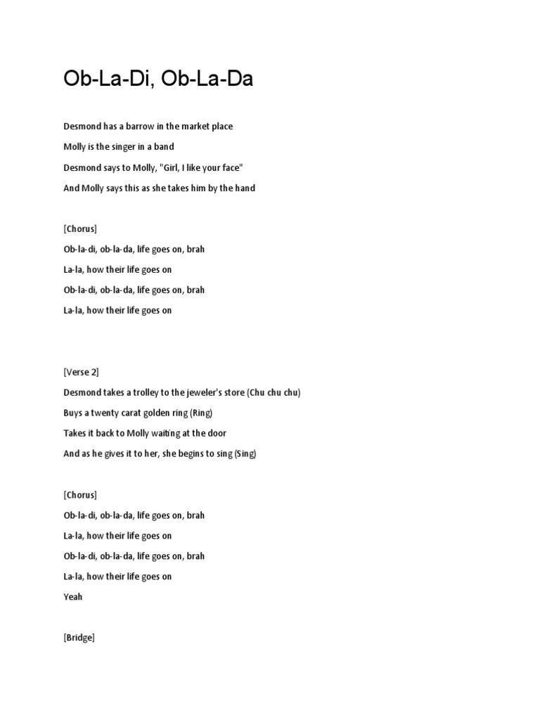 Ob La Di, Ob La Da Lyrics | PDF