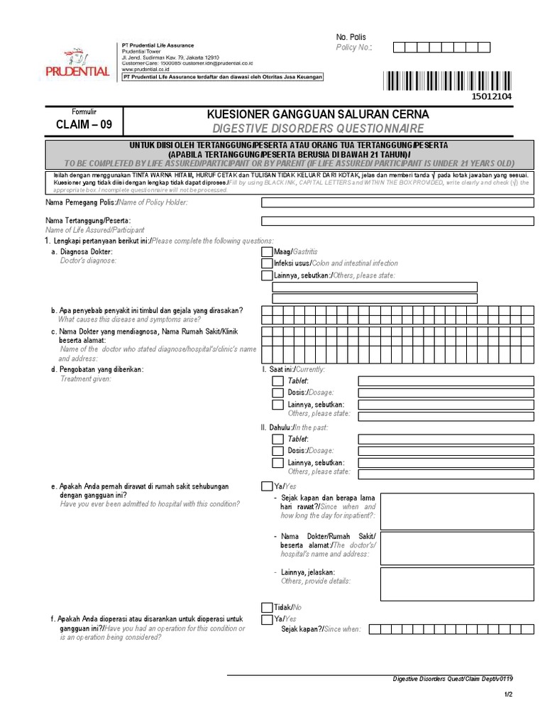Formulir Kuesioner Klaim Gangguan Saluran Cerna | PDF