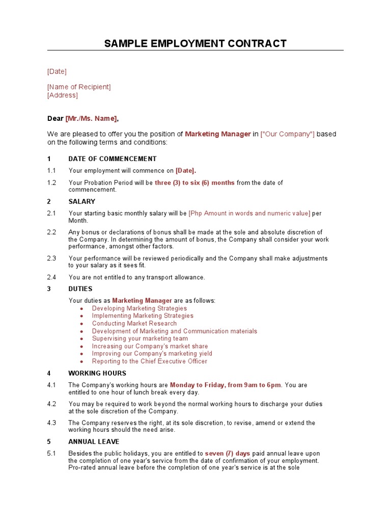 Sample Employment Contract: (Date) (Name of Recipient) (Address) | PDF ...